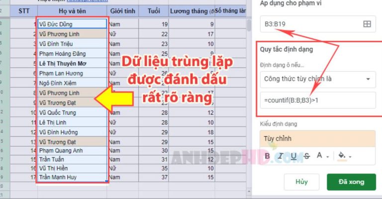 Tự động tô màu giá trị trùng nhau trong google sheet